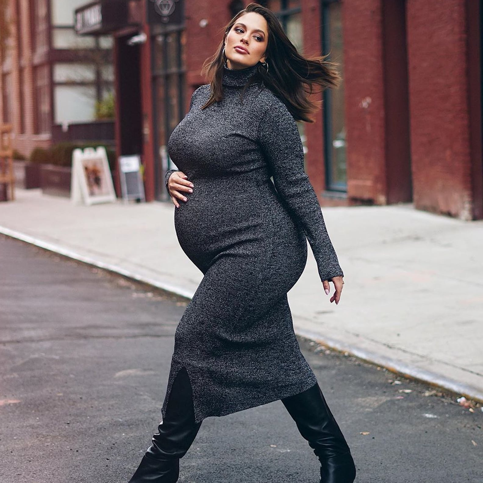 Ashley Graham's Curve-Hugging Sweater Dress and Boots | PS Fashion
