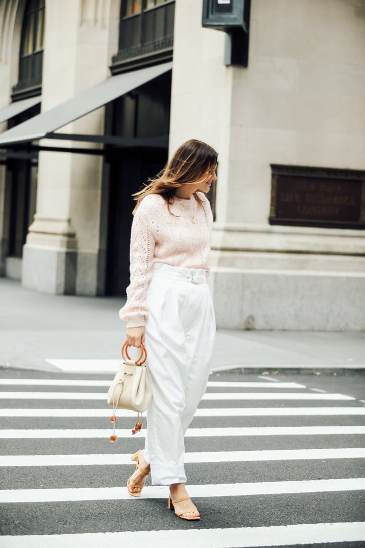 Easy Outfits A Pastel Sweater White Pants Sandals And A Bag Easy
