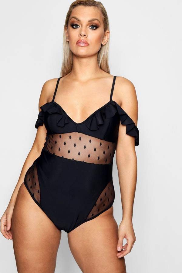Boohoo Plus Lettie Polka Dot Mesh Frill Swimsuit Emily Ratajkowski