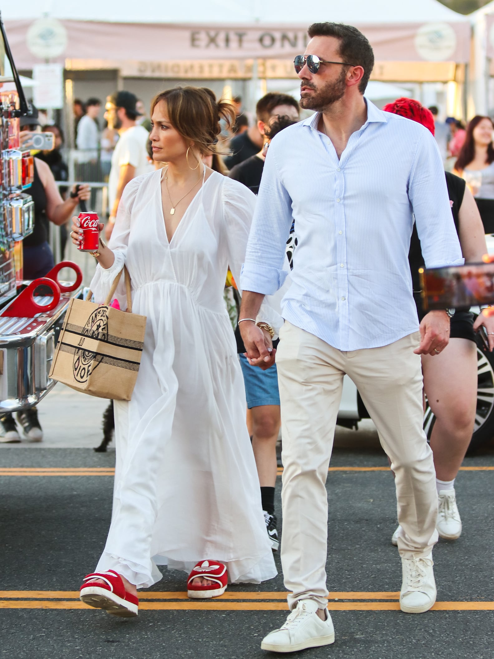 Jennifer Lopez's White Maxi Dress and Adidas x Gucci Slides | PS Fashion