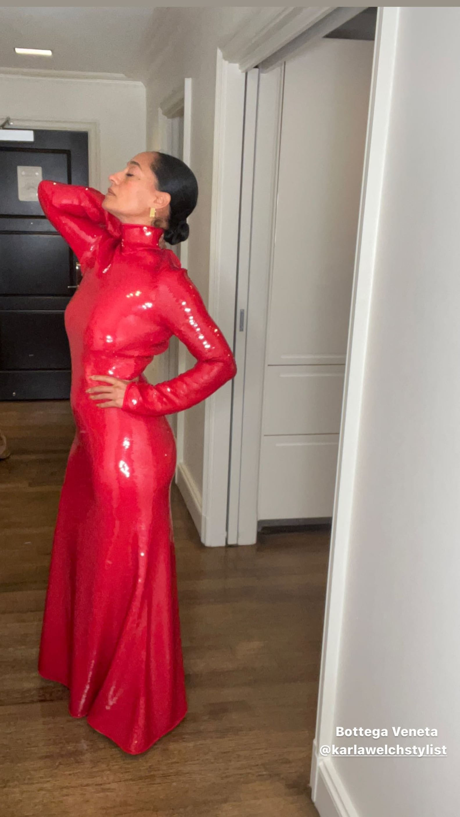 Tracee Ellis Ross Wears a Red Sequined Bottega Veneta Dress | PS Fashion