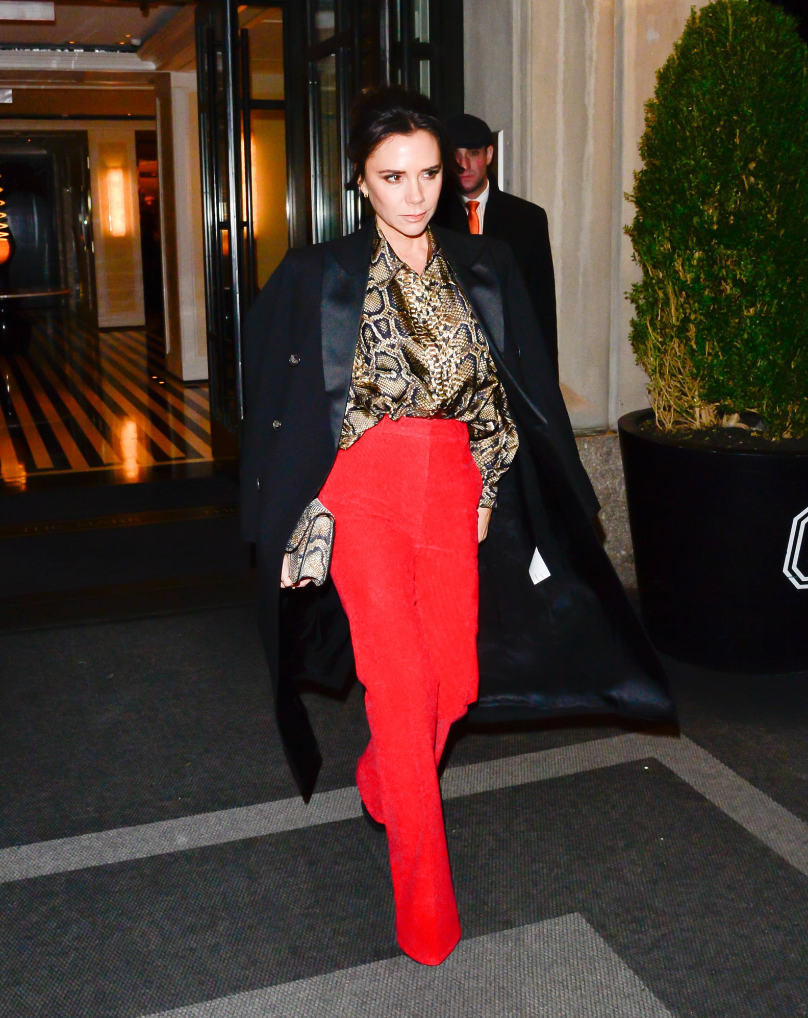 Victoria Beckham Red Pants and Snakeskin Blouse January 2019 | PS Fashion