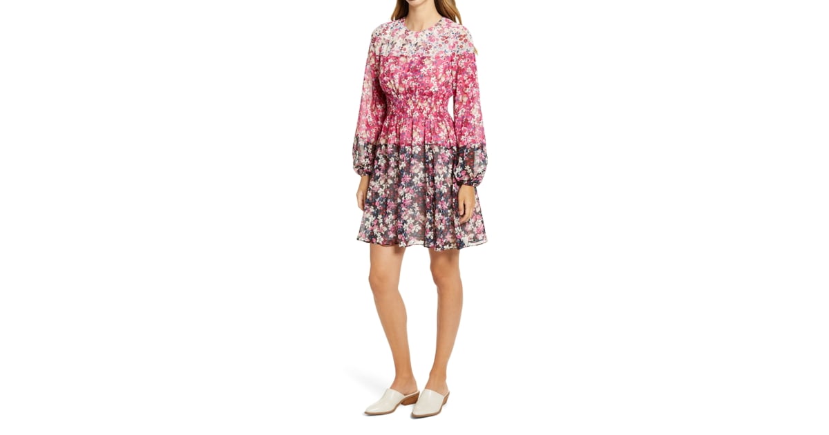 Eliza J Colorblock Floral Smocked Waist Long Sleeve Dress Nordstrom